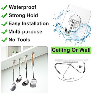 Wall Hooks 20lb(Max) Transparent Reusable Seamless Hooks,Waterproof and Oilproof,Bathroom Kitchen Heavy Duty Self Adhesive Hooks (20 Transparent)