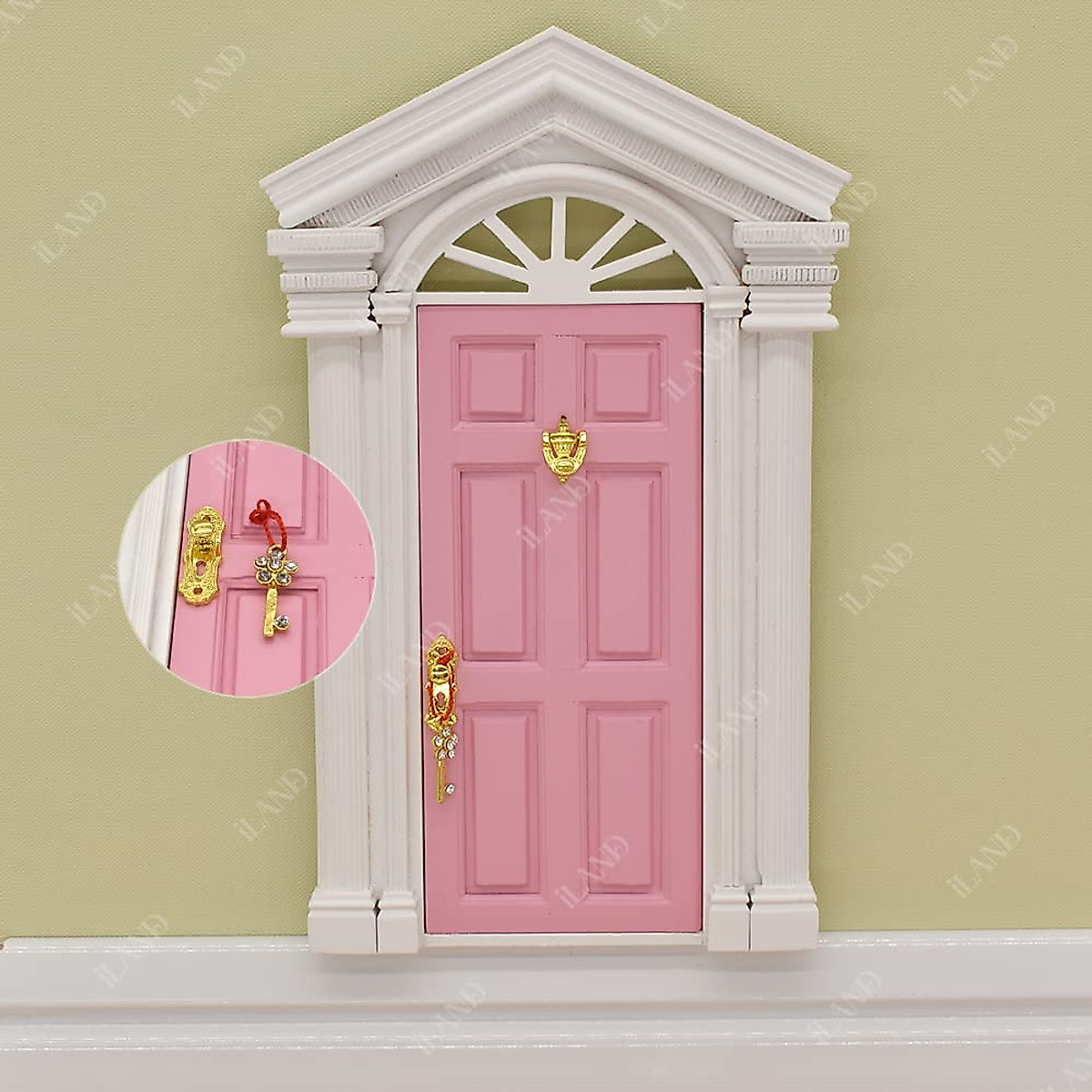 iland Fairy Door for Wall with Dollhouse Accessories, Magical Wooden Elf Door, Tooth Fairy Kit (21pcs Pink)