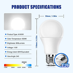 Neporal Garage Door Opener LED Light Bulb Universal A19 9W 60W Equivalent 6000K Cool White Ultra Bright E26 Base Compatible with Most Garage Door Openers Minimize Interference, Pack of 3