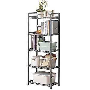 IOTXY Adjustable Multifunctional Shelving Unit - Medium 5-Tier Bamboo Freestanding Shelf, Bathroom Towel Storage Shelves, Living Room Open Bookshelf, Kitchen Organizer, Entryway Shoe Rack, Light Grey