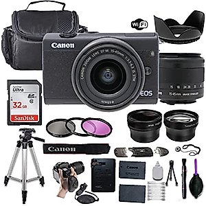 Canon EOS M200 Mirrorless Digital Camera (Black) w/EF-M 15-45mm f/3.5-6.3 is STM + Wide-Angle and Telephoto Lenses + Portable Tripod + Memory Card + Deluxe Accessory Bundle