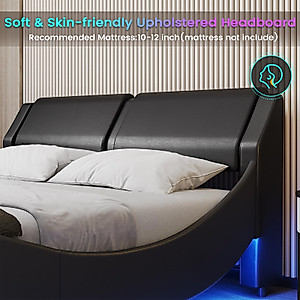 DICTAC King Led Bed Frame Modern Faux Leather Low Profile Platform Bed Frame King Size with RGB LED Lights and Headboard Wave Like Curve King Bed Frame,Wood Slats Support,Easy Assembly,Black