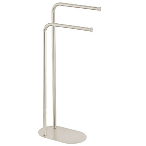 mDesign Tall Stainless Freestanding Towel Rack Holder - 2 Tier Minimalist Pedestal Hanger Holders for Kitchen and Bathroom - Racks for Bath, Hand, Dish, and Tea Towels or Washcloths - Satin