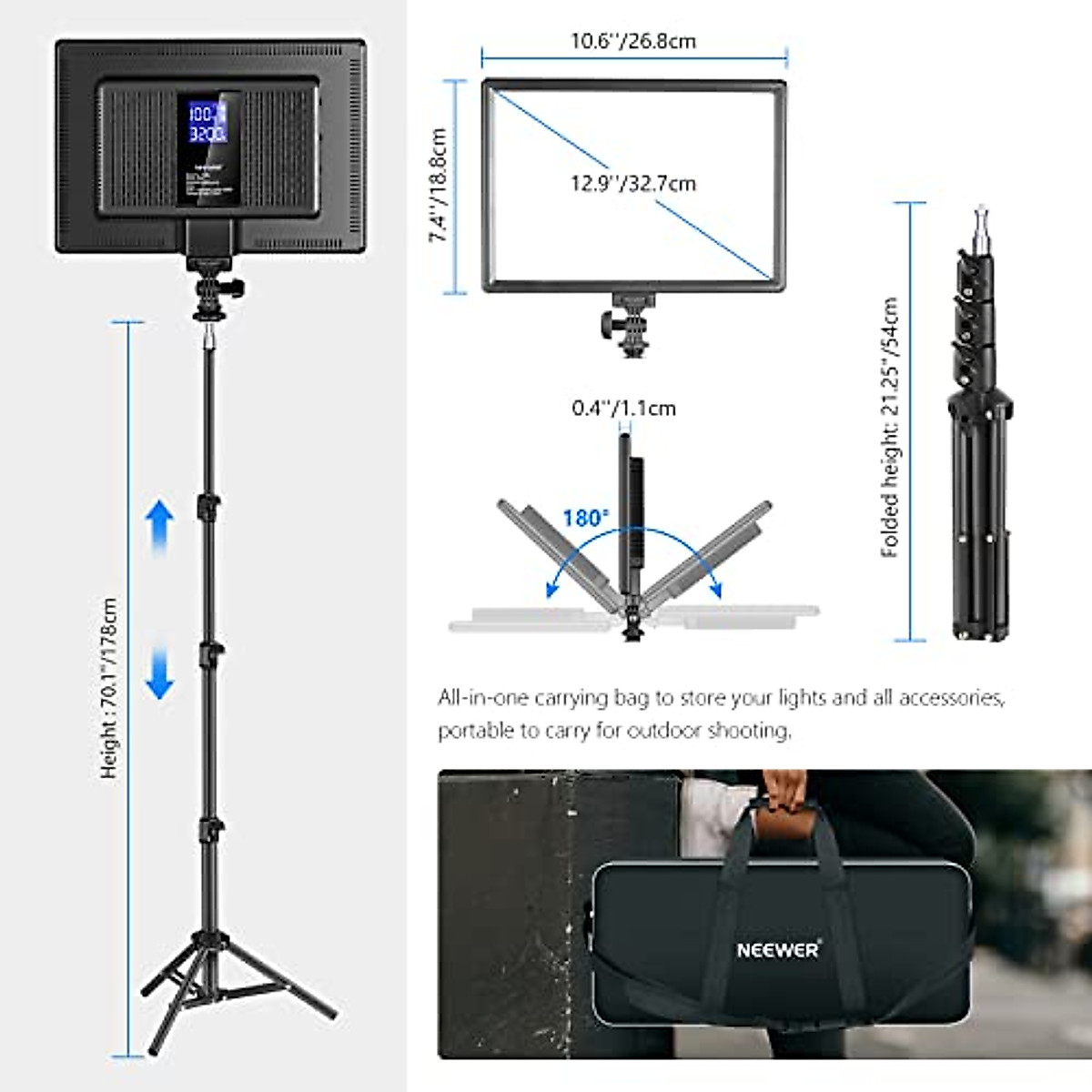 Neewer 13" Led Video Light Panel Lighting Kit, 2-Pack Dimmable Bi-Color Soft Lights with Light Stand, Built-in 8000mAh Battery, 3200K~5600K CRI 95+ 2400Lux for Game/Live Stream/YouTube/Photography