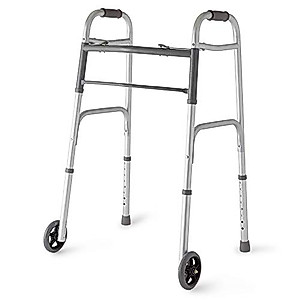 Medline Two-Button Folding Walker with Wheels, Metallic, 1 Count