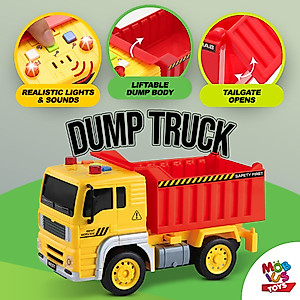 City Car Toy Playset of 3 Vehicles - Friction-Powered w/ Realistic Lights & Sounds - Includes Police Car, Garbage Truck, Construction Dump Truck & Helicopter - Toddler Boys Toy for Kids Ages 3-5