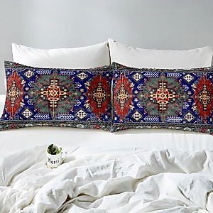 Erosebridal Boho Tribal Duvet Cover King, Retro Exotic Bedding Set, Vintage Lattice Arrows Bohemian Comforter Cover, Blue Green Red Antique Grid Damask Inspired Medallion Egyptian Quilt Cover