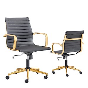 LUXMOD Leather Office Chair in Black, Gold Ergonomic Home Office Desk Chair with Armrests, Mid Back Leather Office Chair for Back Support, Adjustable Black and Gold Chair (1pcs)