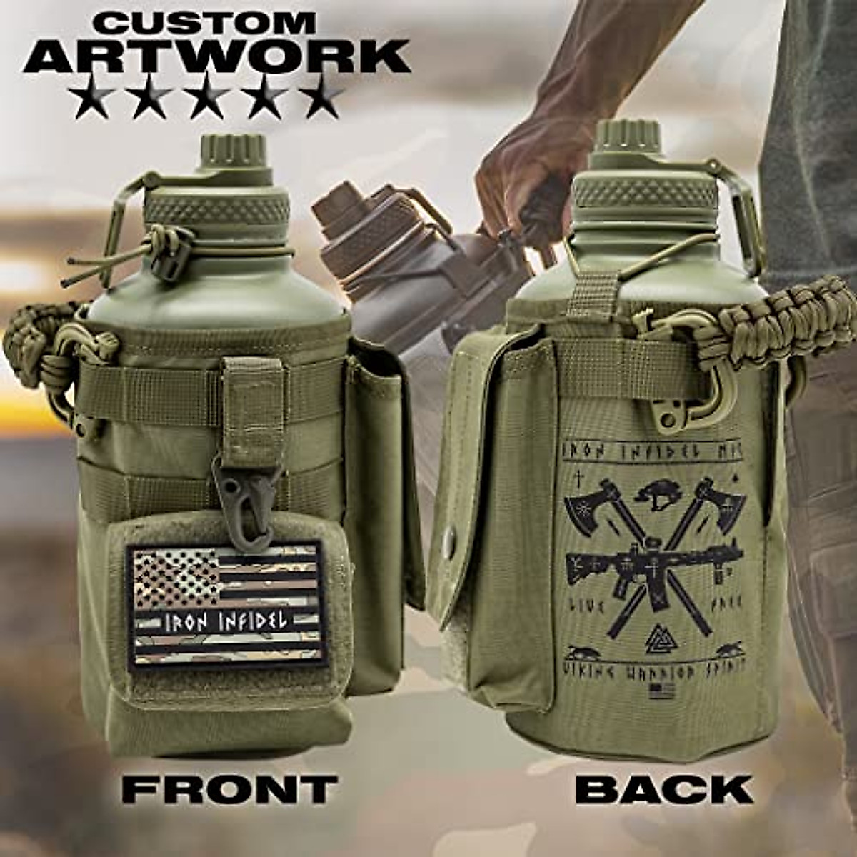 Iron Infidel Battle Bottle - Half Gallon Insulated Water Bottle with Paracord Handle, Large 64 oz Stainless Steel Water Jug with Rugged, Removable Sleeve for Keys, Wallet, & Phone (Live Free 2 Liter)