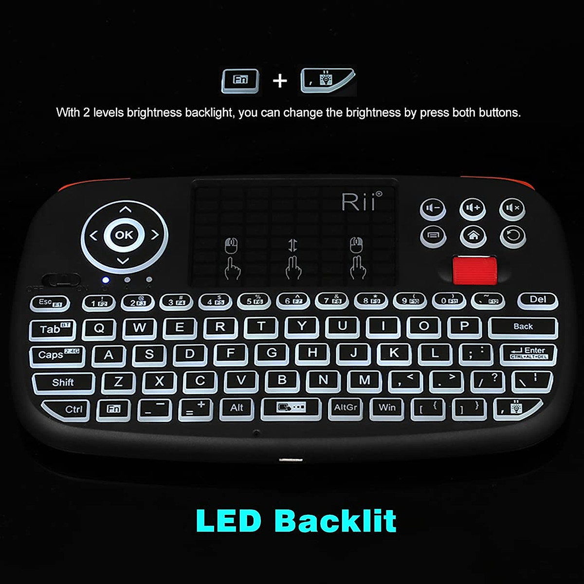 Rii (Upgrade) i4 Mini Bluetooth Keyboard with Touchpad, Blacklit Portable Wireless Keyboard with 2.4G USB Dongle for Smartphones, PC, Tablet, Laptop TV Box iOS Android Windows Mac.Black