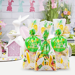 Artby7 50 Pack Easter Cellophane Bags, 5''x10.5'' Easter Treat Bags with Gold Twist Ties, Plastic Clear Cello Bags for Candy Goodie Easter Party Favor Supply Decoration