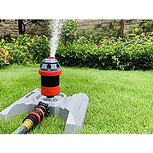 Eden 96122 Metal Adjustable 6-Pattern Mobile Rotary Gear Drive Garden Sprinkler for Yard W/Quick Connect Starter Set, Waters up to 80 ft. in Diameter