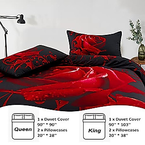 Red Duvet Cover Queen Size Reversible Rose Bedding Duvet Cover Set with Zipper Closure 3 Pieces Ultra Soft Microfiber Queen Duvet Cover, 1 Duvet Cover 90x90 inches and 2 Pillow Shams (No Comforter)
