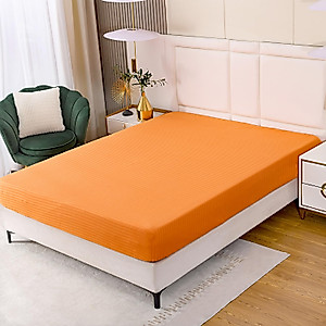 LweiPsqLin 100% Cotton Sheet Set Full Size - Pure Bed Sheets-Damask Stripe Sheet Set 600 Thread Count,Extra Deep Pocket Elastic Fits Mattress Perfectly,4 Pieces (Orange, Full)