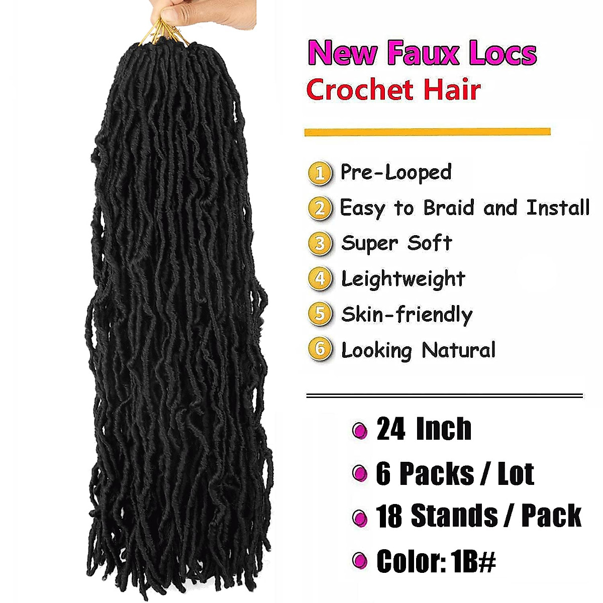 24 Inch Soft Locs Crochet Hair Pre Looped 6 Packs Faux Locs Crochet Braids Goddess Locs Dreadlocs Synthetic Hair For Black Women (1B, 24 Inch (Pack of 6))