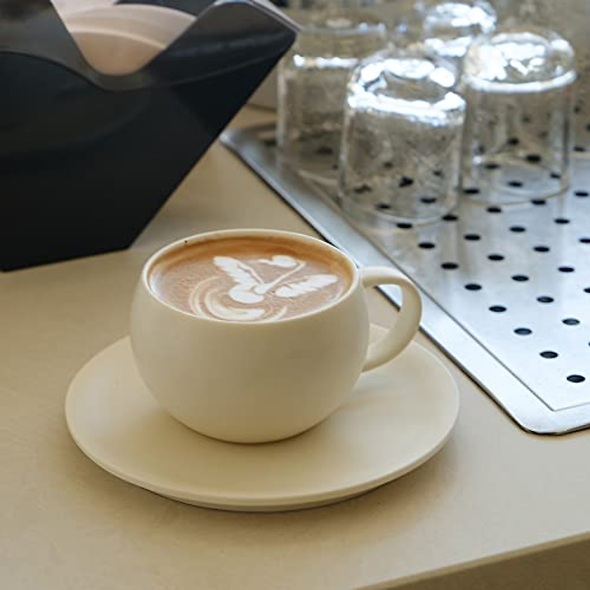 WENSHUO Egg Shape Coffee Mug, Round Teacup with Saucer, Matte Crème, 8oz