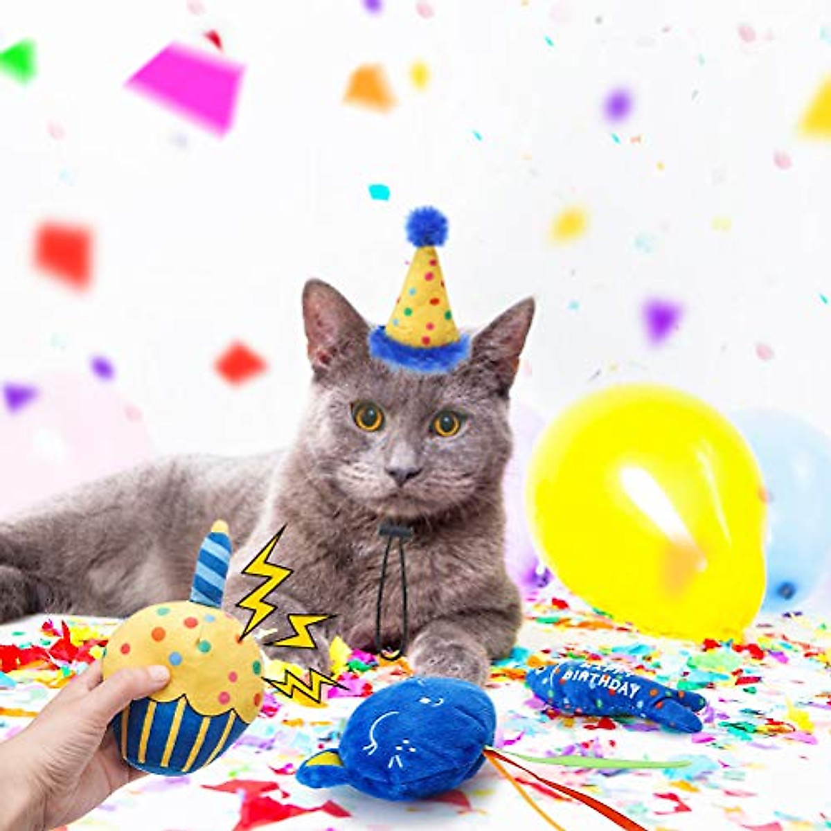 BINGPET Catnip Toys for Indoor Cats, Cat Birthday Hat and Interactive Plush Kitten Chew Toys - Cute Cake, Fish, Balloon Toys with Crinkle Paper and Catnip Inside