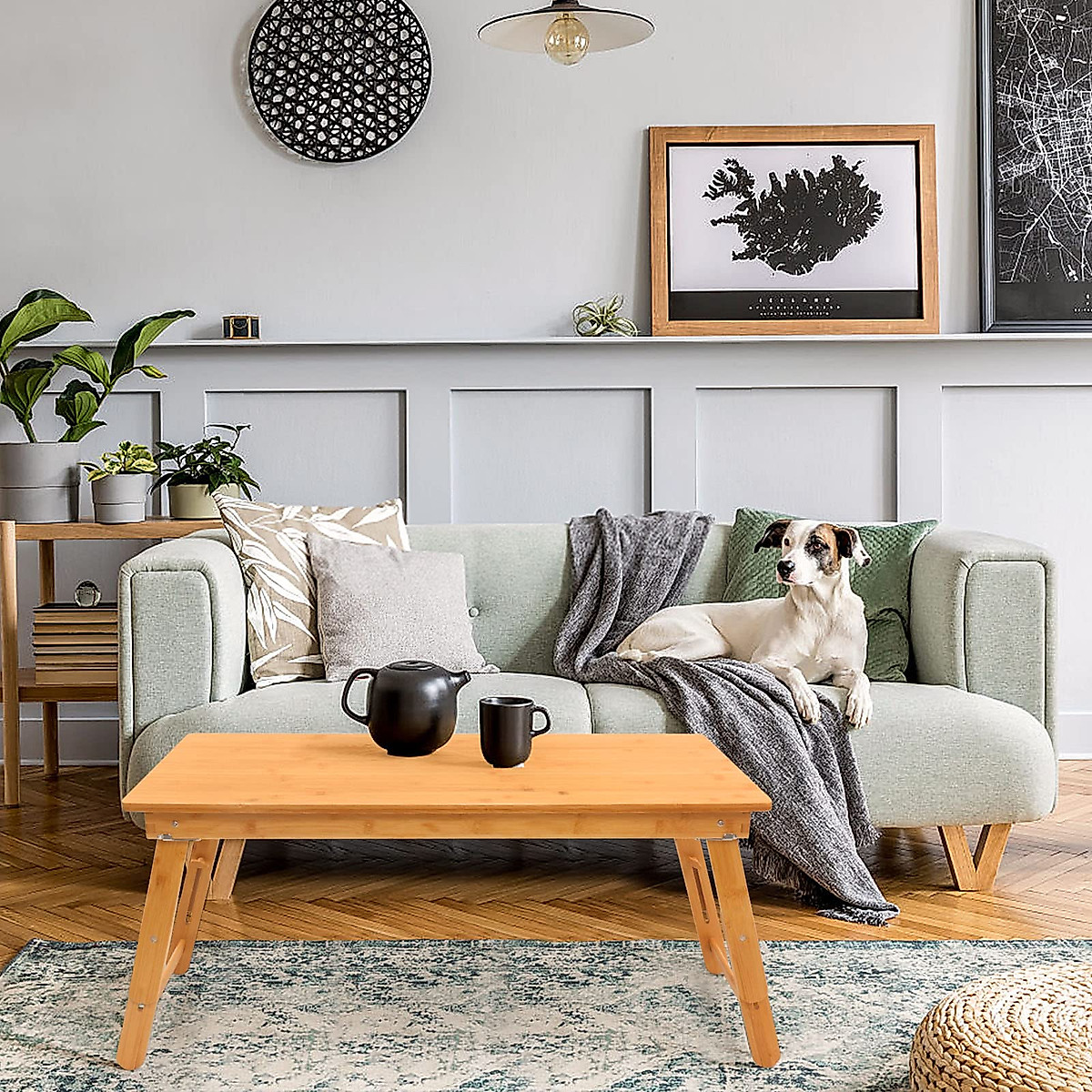 Adjustable Large Size Laptop Desk,Bamboo Lap Table Bed Tray,Foldable 4 Legs Serving Tray Working, Eating and Gaming for Bed,Couch,Floor， 33.5x17.7in