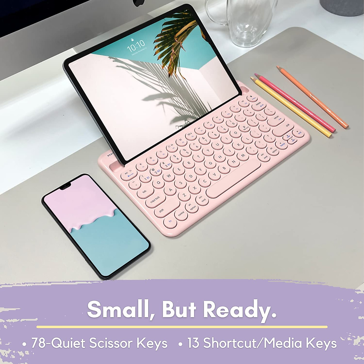 Macally Bluetooth Keyboard for Tablet | Wireless Keyboard for iPad | iPhone Keyboard (Multi-Device, Built-in Stand, Rechargeable) Easy to Use and Cute Portable Keyboard