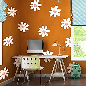 12 Sheets Daisy Wall Stickers Peel and Stick Pink Heart Decals for Room Decor Large Boho White Flower Wallpaper Decal for Kids Girls Nursery Furniture Dresser Bedroom Playroom Living Room Walls Window