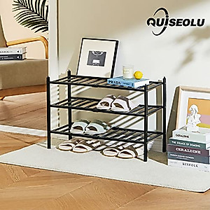 quiseolu Bamboo Shoe Rack 3 Tier Stackable Shoe Shelf 1 + 2 Tier Small Shoe Racks DIY Free Standing Shoe Stand for Closet Entryway Bedroom Floor Dorm Black Shoe Organizer D11 * W27.2 * H18.3 Inches