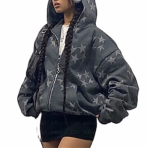 Sumleno Fairy Grunge Clothes Alt Emo Clothing Y2k Zip Up Hoodie Oversized Hooded Sweatshirt Harajuku Aesthetic Jacket (L,A)