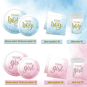 Gender Reveal Party Supplies - 80Pcs Team Boy or Team Girl Tableware Set Disposable Paper Plates,Napkins Gender Reveal Theme Table Decorations for Baby Shower Decorations,Boy or Girl Party