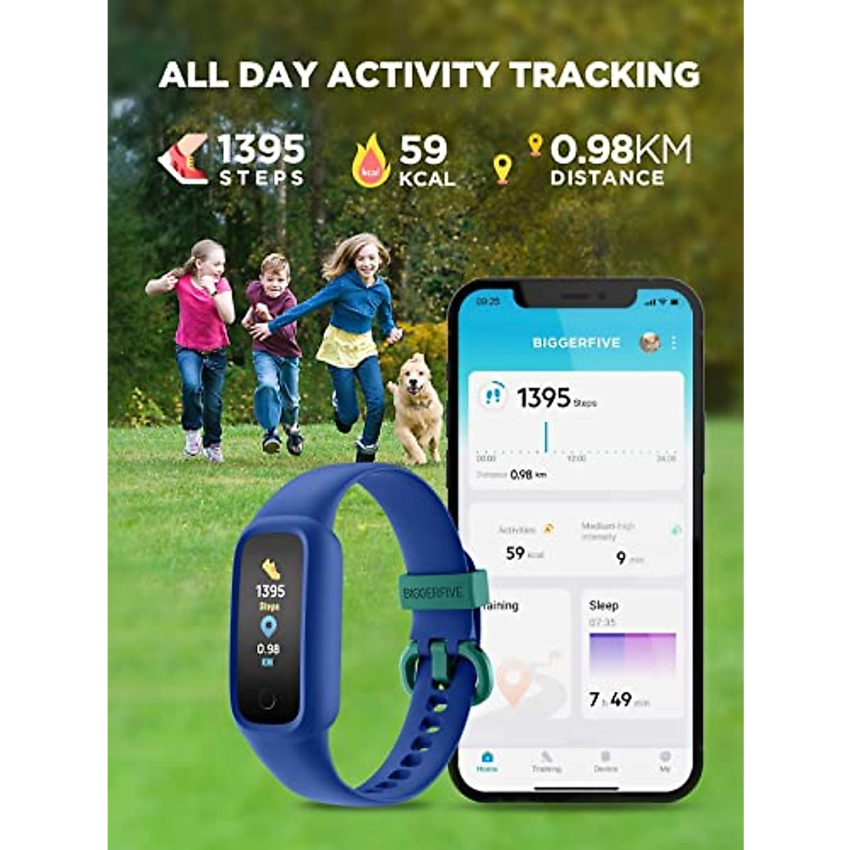 BIGGERFIVE Vigor 2 L Kids Fitness Tracker Watch for Boys Girls Ages 5-15, IP68 Waterproof, Activity Tracker, Pedometer, Heart Rate Sleep Monitor, Calorie Step Counter Watch, Blue