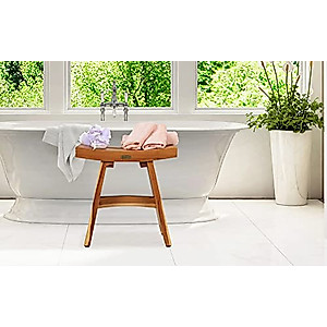 EcoDecors Snazzy Corner Teak Shower Corner Shelf 18" Tall Natural Wood Corner Shower Seat Bench with Shelf 60 Degree Oasis Corner Stool in Earthy Teak Finish