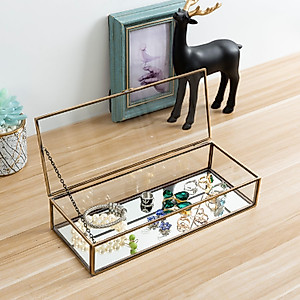 MyGift Glass Jewelry Box, Vintage Style Brass Metal & Clear Glass Mirrored Shadow Box Jewelry Display Case with Hinged Top Lid