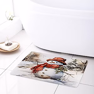 LB Winter Christmas Bath Mat Cute Snowman with Red Hat in Forest Area Rug for Bathroom Snow Scene Doormat Non Slip Memory Foam Super Absorbent Floor Mats,24Wx16H Inch
