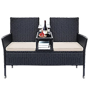 Devoko Outdoor Patio Loveseat Modern Rattan Patio Conversation Furniture Set with Cushions & Built-in Coffee Table Porch Furniture for Garden Lawn Backyard (Beige)