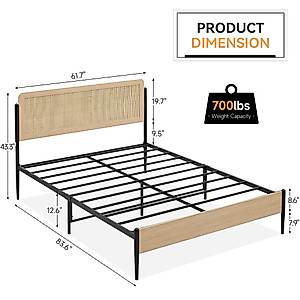 Queen Size Bed Frame with Rattan Headboard, Rattan Queen Bed Frame Platform with Rounded Corner Headboard, Queen Bed Frame Under Bed Storage Headboard, No Box Spring Needed, White Oak (Queen)