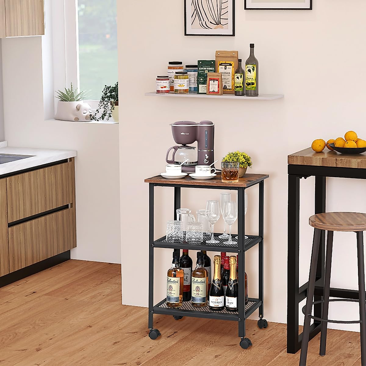 RokiaTek Bar Serving Cart Rolling Kitchen Cart on Wheels 3-Tier Storage Cart with Lockable Wheels, Standing Baker's Racks with Shelves and Steel Frame, Rustic Brown and Black