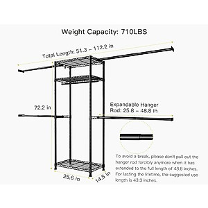 Ulif M3 Clothes Rack Closet Organizer and Storage System 3 Tiers Built-in Wall Mounted Heavy Duty Garment Rack with 4 Expandable Hanger Rods, Fits Space 4.3-9.3 ft, 72.2"H, Load Capacity 710LBS, Black