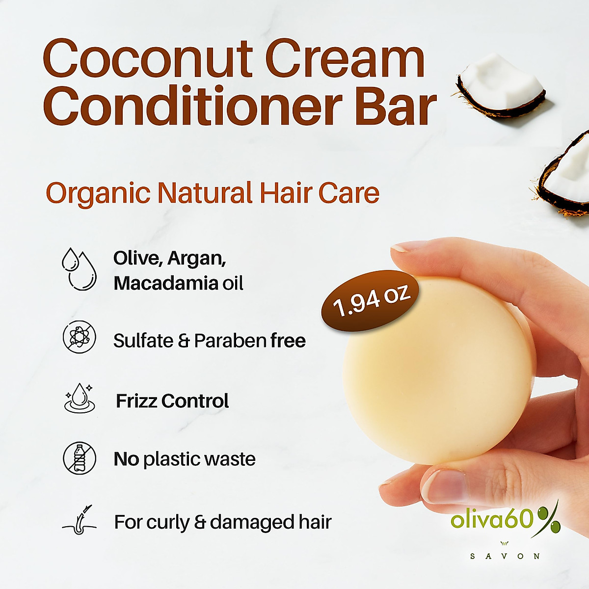 Coconut Cream Conditioner Bar - Curly Hair | Extra Moisturizing | Hair Care- Frizz Control | Olive, Argan, Macadamia Oil, Shea Butter | Sulfate & Paraben Free | Vegan | 1.94 oz | OLIVA 60