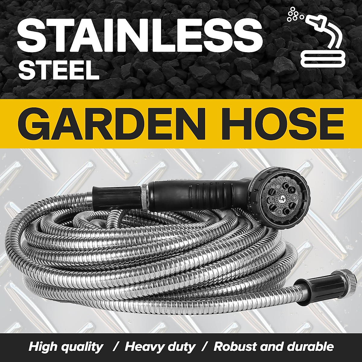 Ainpota Garden Hose Water Hose 100ft Metal Heavy Duty Stainless Steel Water Pipe with Sprayer & Nozzle Flexible Lightweight Hose No Kink Pet Proof Hose for Yard, Outdoors, Rv