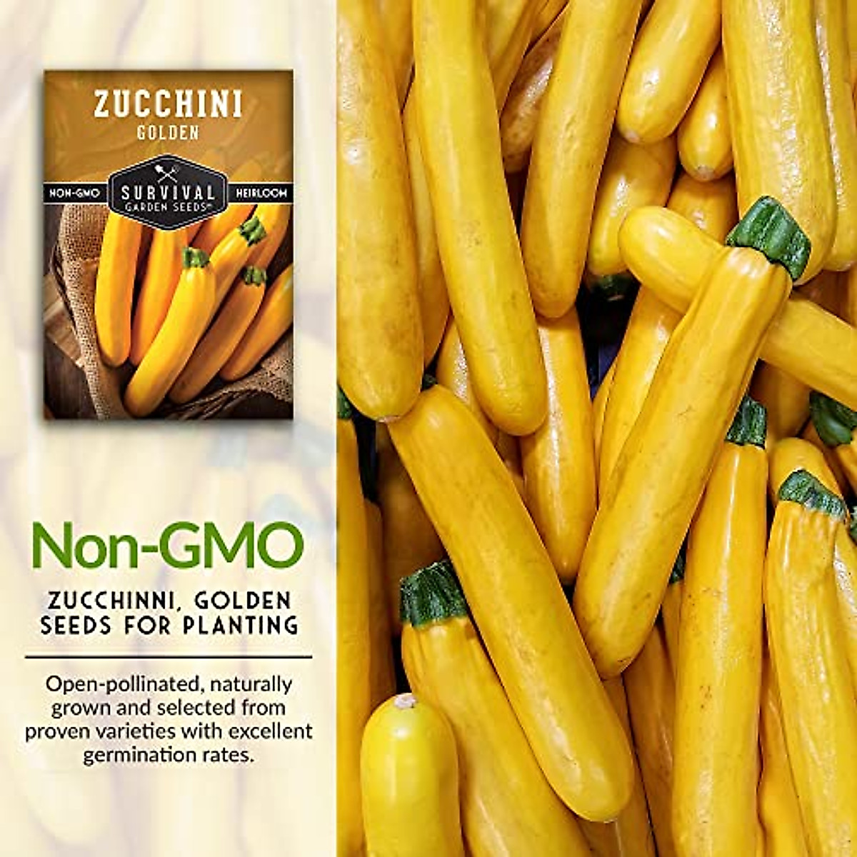 Survival Garden Seeds - Golden Zucchini Seeds for Planting - Packet with Instructions to Plant and Grow Yellow Zucchini Vegetables in Your Home Vegetable Garden - Non-GMO Heirloom Variety