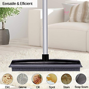 Pet Hair Remover Rubber Broom with Squeegee Edge 59 inches Adjustable Carpet Rake Long Handle Push Broom for Hair Pet Dog Carpet Hardwood Floor Tile Windows Cleaning