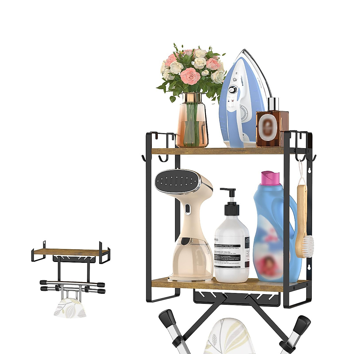 EsLuker.ly 2 Tiers Ironing Board Holder Wall Mount, Iron Board Hanger Rack Organization with Removable Hooks, Laundry Room Shelves with Large Wooden Baskets for Iron and Ironing board Set, Black