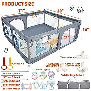 TuKIIE Baby Playpen for Toddlers, 71"x 59" Extra Large Dinosaur Play Pen Yards with Breathable Mesh for Babies, Indoor & Outdoor Kids Safety Play Activity Center with Gates