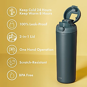 WOKY TICERA Titanium Ceramic Thermos 28.7oz Insulated Tumbler with Straw and Silicone Pad, Leak-Proof and Sweat-Proof, Reusable for Gym, Travel, & Everyday Use | Hot & Cold Drinks (Green)