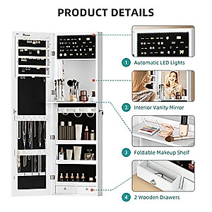 YITAHOME LEDs Jewelry Cabinet Wall Mounted, 47.2" H Jewelry Armoire Over door with Mirror Space Saving Jewelry Storage Organizer, 2 Drawers, Foldable Makeup Shelf, White