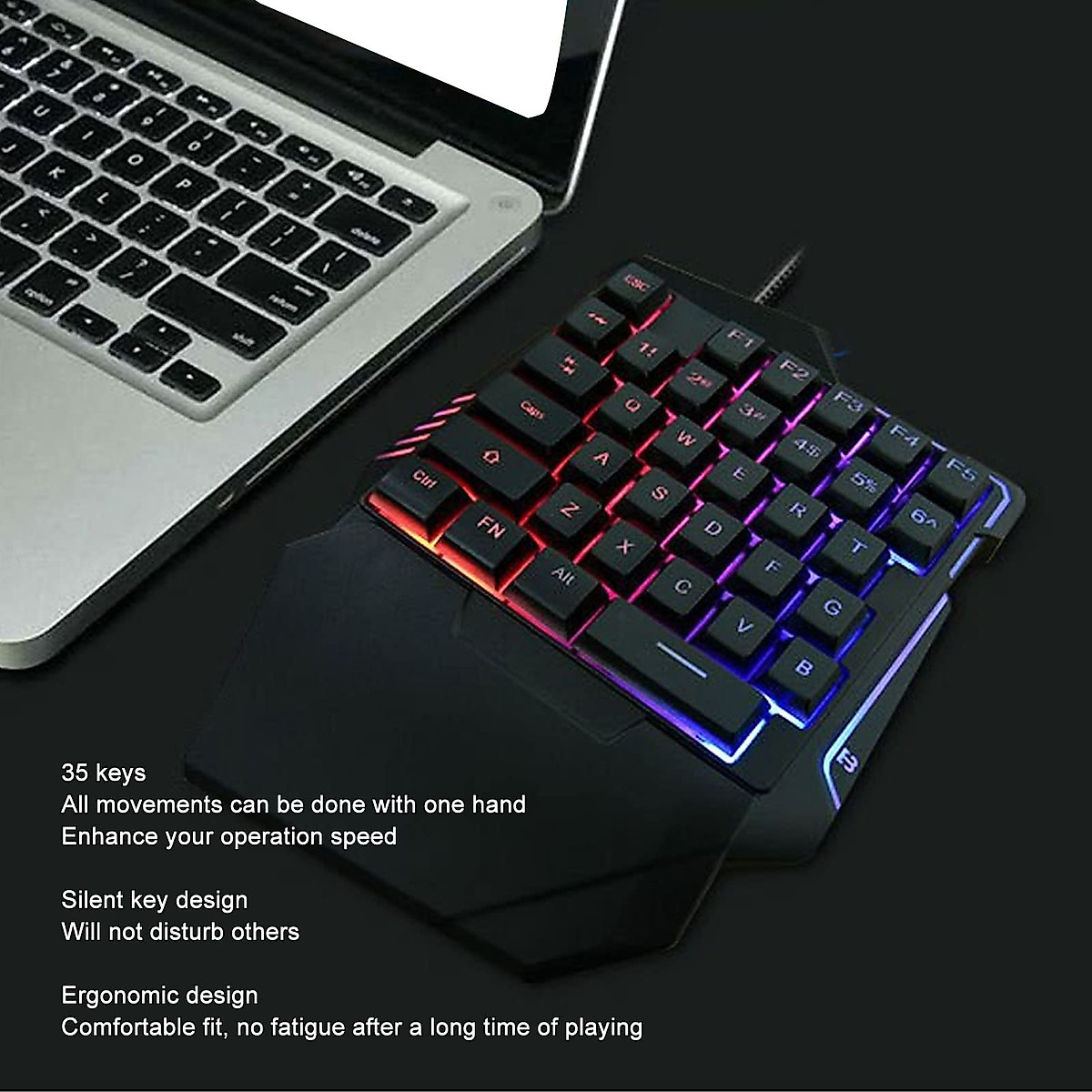 Zunate One Handed Gaming Keyboard, RGB Backlit 35 Keys Portable Mini Gaming Keypad, USB Wired Single Hand Ergonomic Keyboard for Game