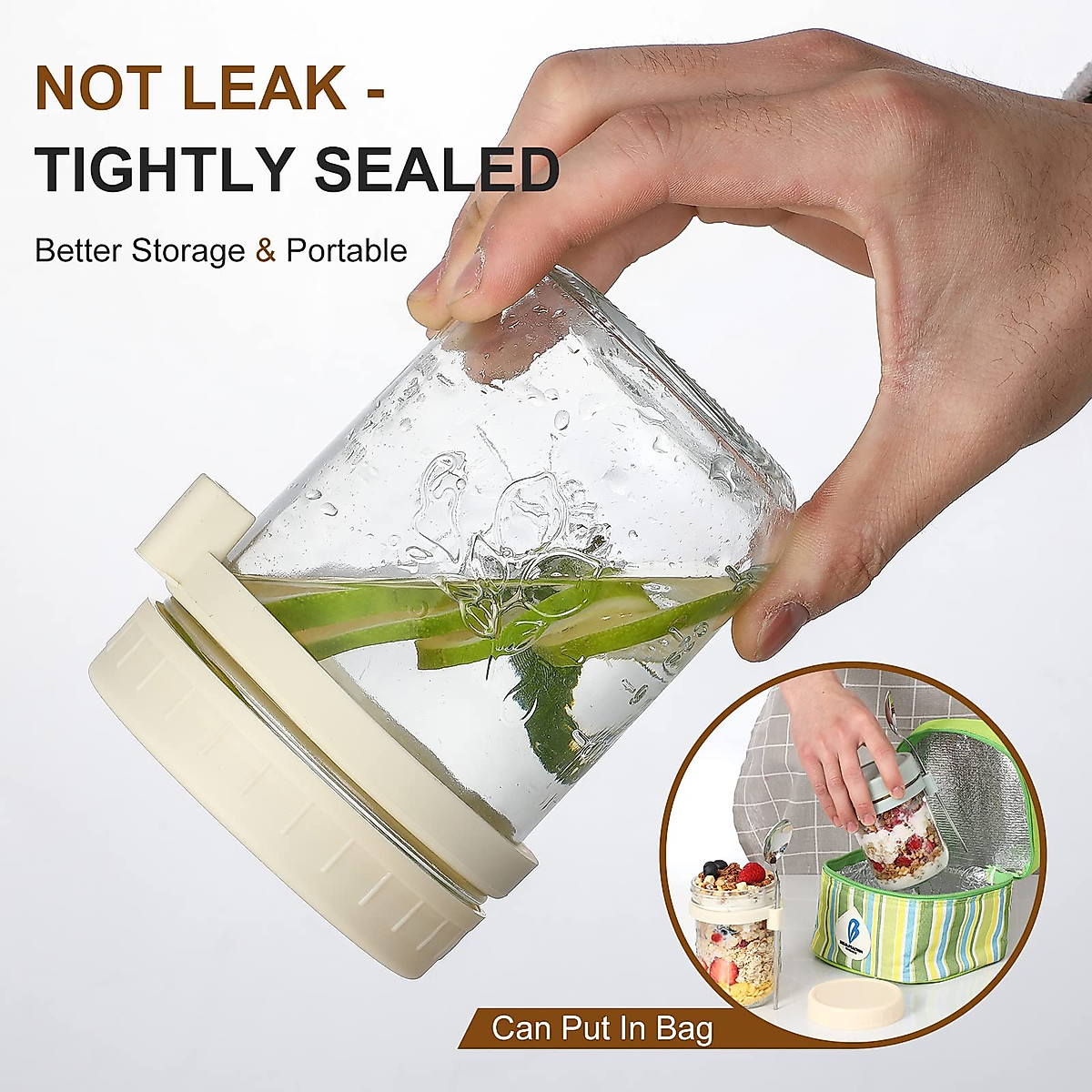 LANDNEOO 2 Pack Overnight Oats Containers with Lids and Spoons, 16 oz Glass Mason Jars for Overnight Oats, Large Capacity Airtight Jars for Milk, Cereal, Fruit (Beige+Green)