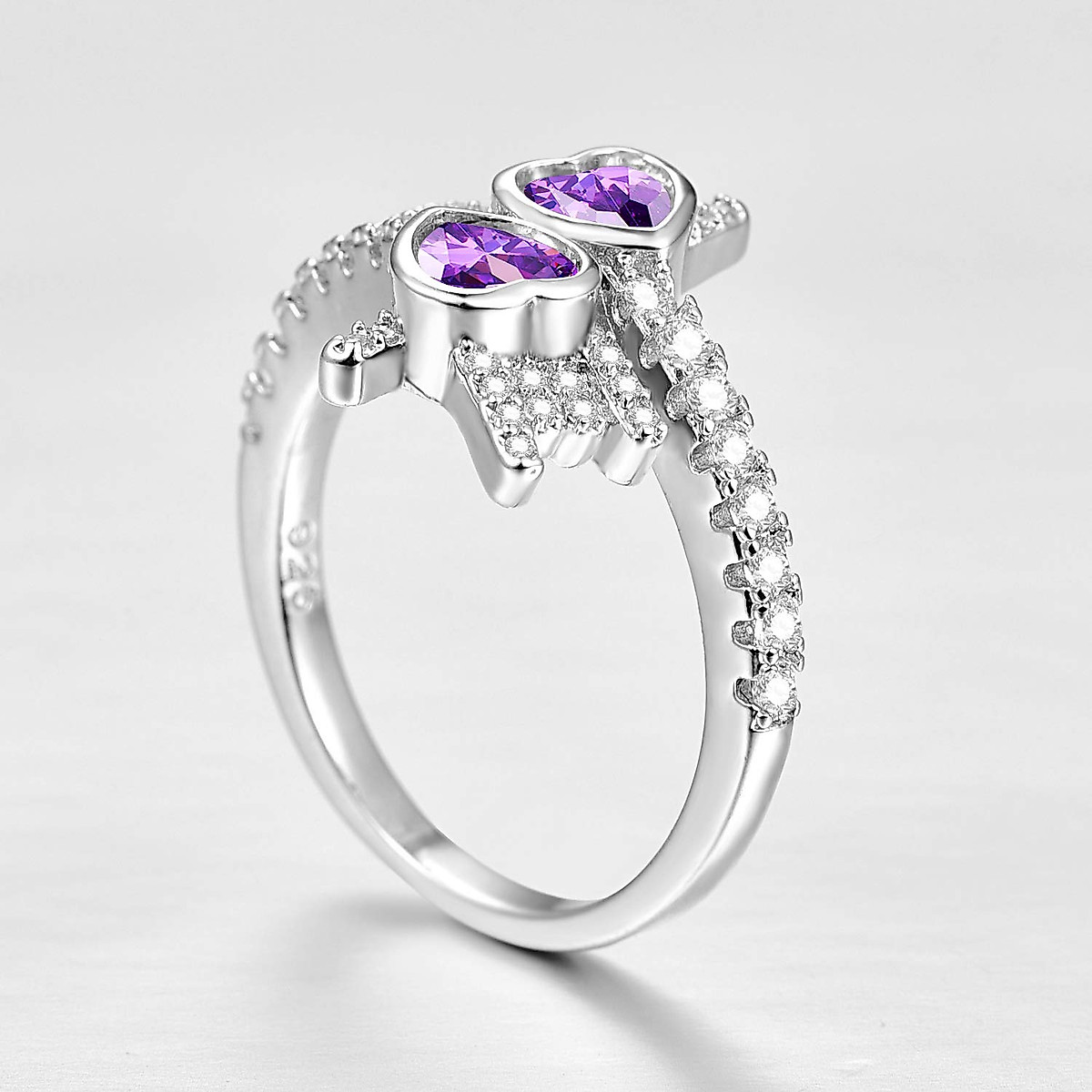 Emsione 925 Sterling Silver Plated Created Amethyst 2 Heart CZ Cut Whit Rock Hands Eternity Ring Anniversary Wedding Engagement Band Ring Size 9 Color Purple