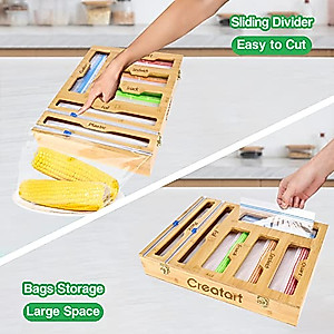 Creatart Bamboo Foil and Plastic Wrap Dispenser with Cutter 6 in 1 Ziplock Bag Storage Organizer for Drawer 12" Food Storage Bag Organizer for Gallon, Quart, Sandwich and Snack