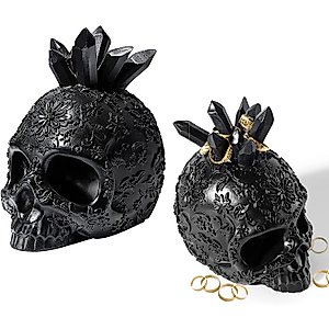Skull﻿ Crystals Ring Holder, 3.75" H For & Year Round - Skull Decor, Goth Ring Organizer, ﻿Storage Display, Skeleton Jewelry Holder Trinket Rings Tray - Gothic & Emo Decor - Spooky Oddity