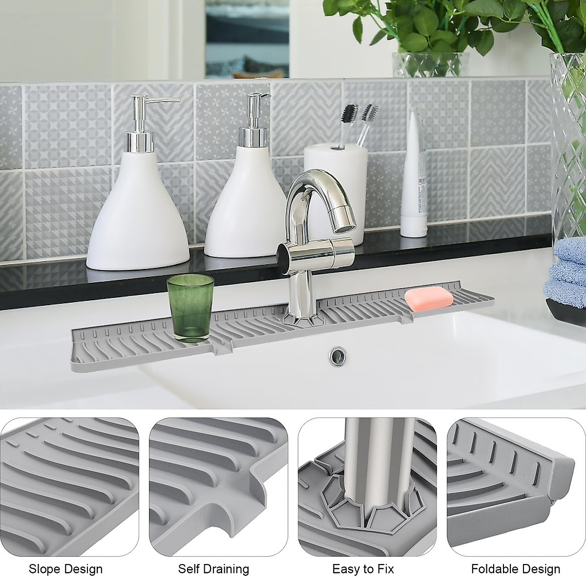 30 inch Kitchen Sink Splash Guard, Faucet Splash Guard, Kitchen Faucet Mat, Longer Silicone Sink Mat for Kitchen Counter, Bathroom, Farmhouse, Drip Protector Splash Countertop (Gray)