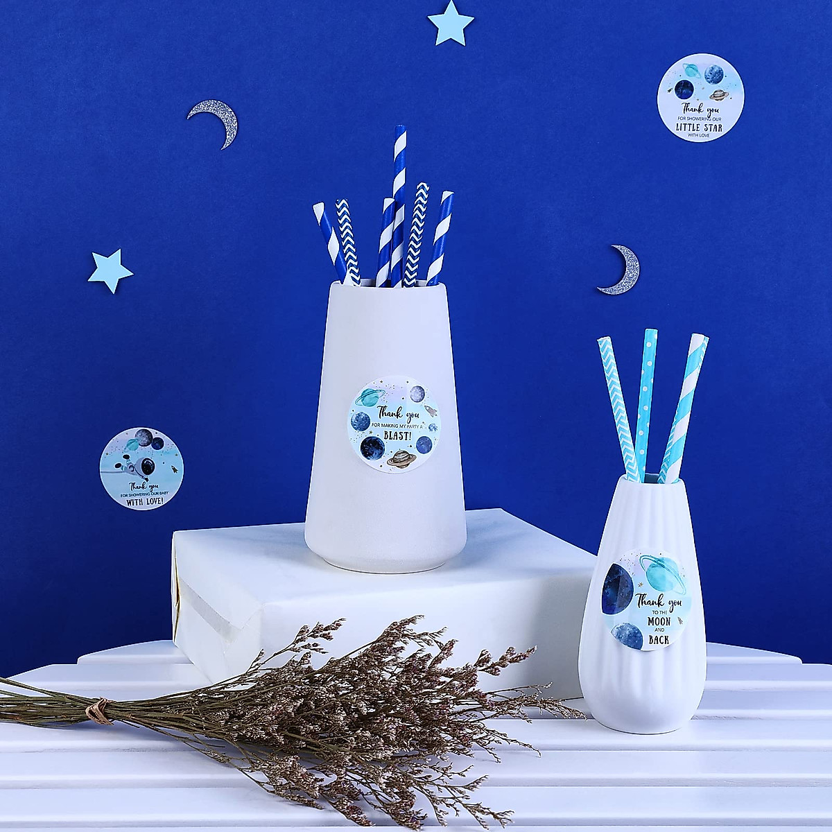 Fangleland 48Pcs Outer Space Thank You Stickers, Astronaut Stickers for Baby Shower - Personalized Planets Labels for Galaxy Themed Birthday Party Favors Gift Bag